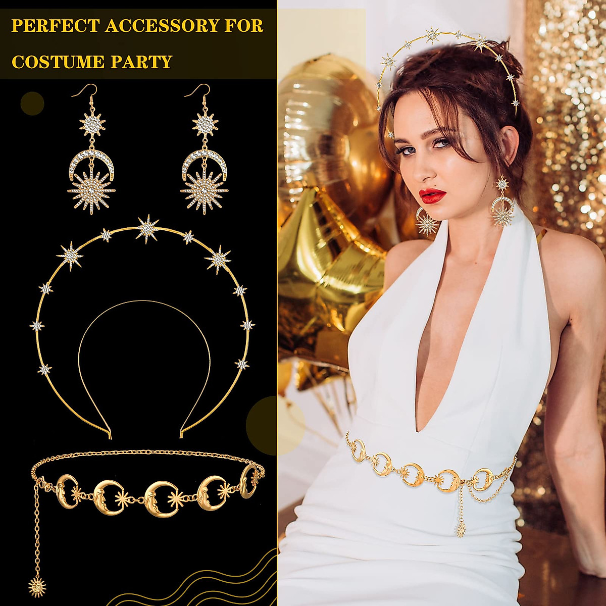 Cunno 3 Pieces Crown Earrings for Women Belt Chain Set Stars Crown Drop Earrings Moon Star Body Chain Belt (Elegant)