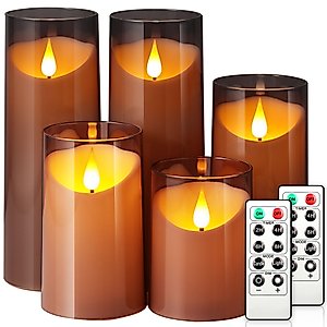 NURADA Flameless Candles: Acrylic LED Pillar Candles Battery Operated with Remote and Timer for Romantic Ambiance and Home Table Bathroom Decor, Gray, Pack of 5