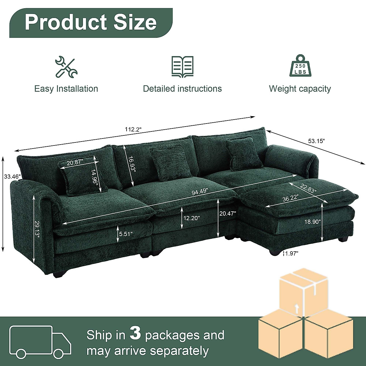 GNIXUU 112" Oversized Sectional Sofa Cloud Couch for Living Room, Modern Chenille L Shaped Couch, Comfy Boucle Modular Sofa Sleeper with Moveable Ottoman & Memory Foam(Emerald)