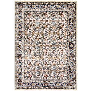 Area Rugs for Living Room Bedroom: 8x10 Rug Machine Washable with Non-Slip Backing Non-Shedding Stain Resistant, Boho Floral Large Carpet for Dining Room Nursery Home Office Indoor Decor (Blue/Brown)