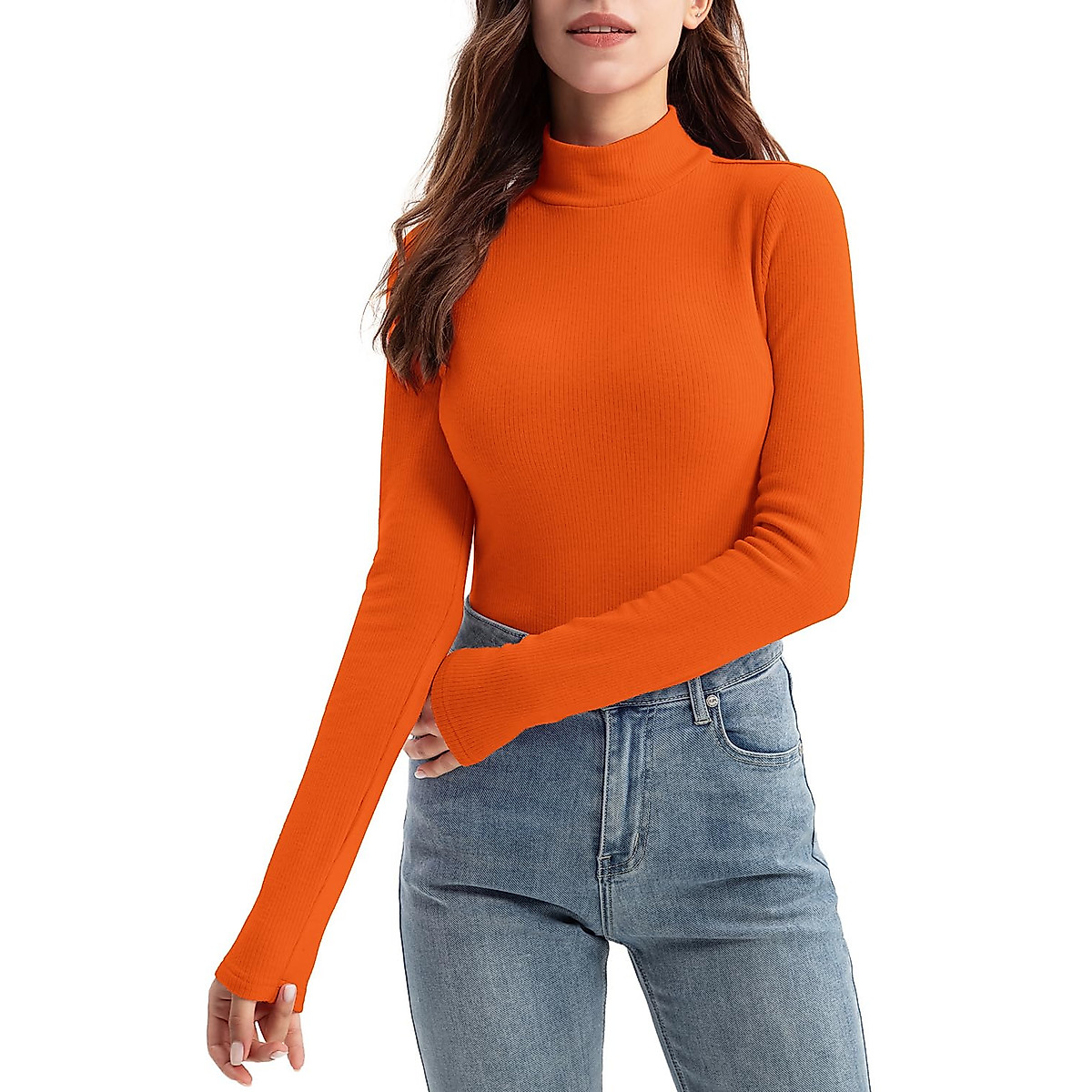 Zengjo Long Sleeve Mock Neck Tops for Women (Orange,L)