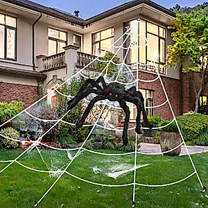 Halloween Decorations Outdoor 16 FT Giant Halloween Spider Web + 50" Large Spider, Triangular Huge Spider Web and Stretch Cobwebs Outdoor Halloween Decorations Yard Lawn Party Decor Props for Haunted