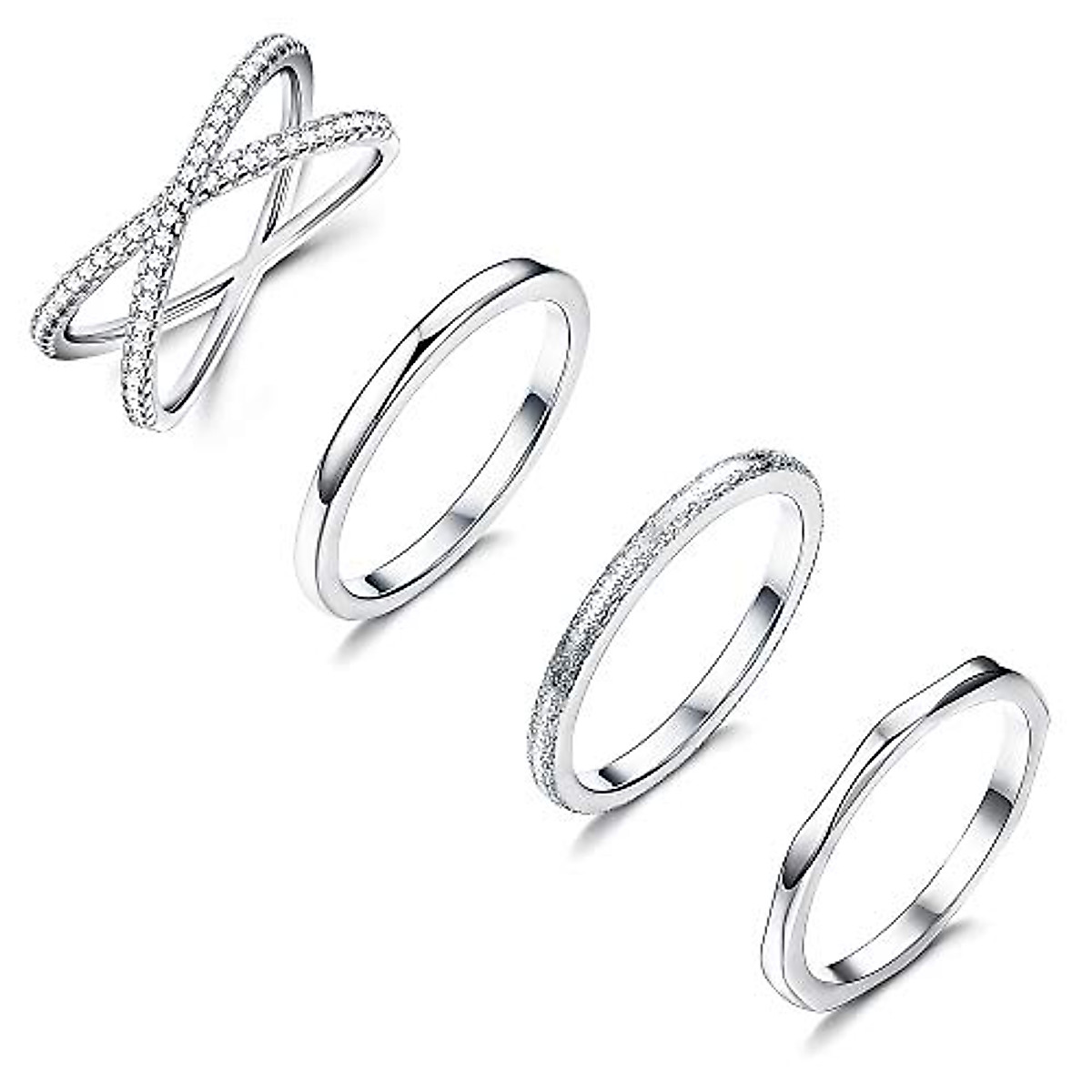 LOYALLOOK 4PCS Stainless Steel Stacking Wedding Band Rings Women CZ Criss Cross Ring Women Engagement Eternity Knuckle Mid Ring Set, Size 7