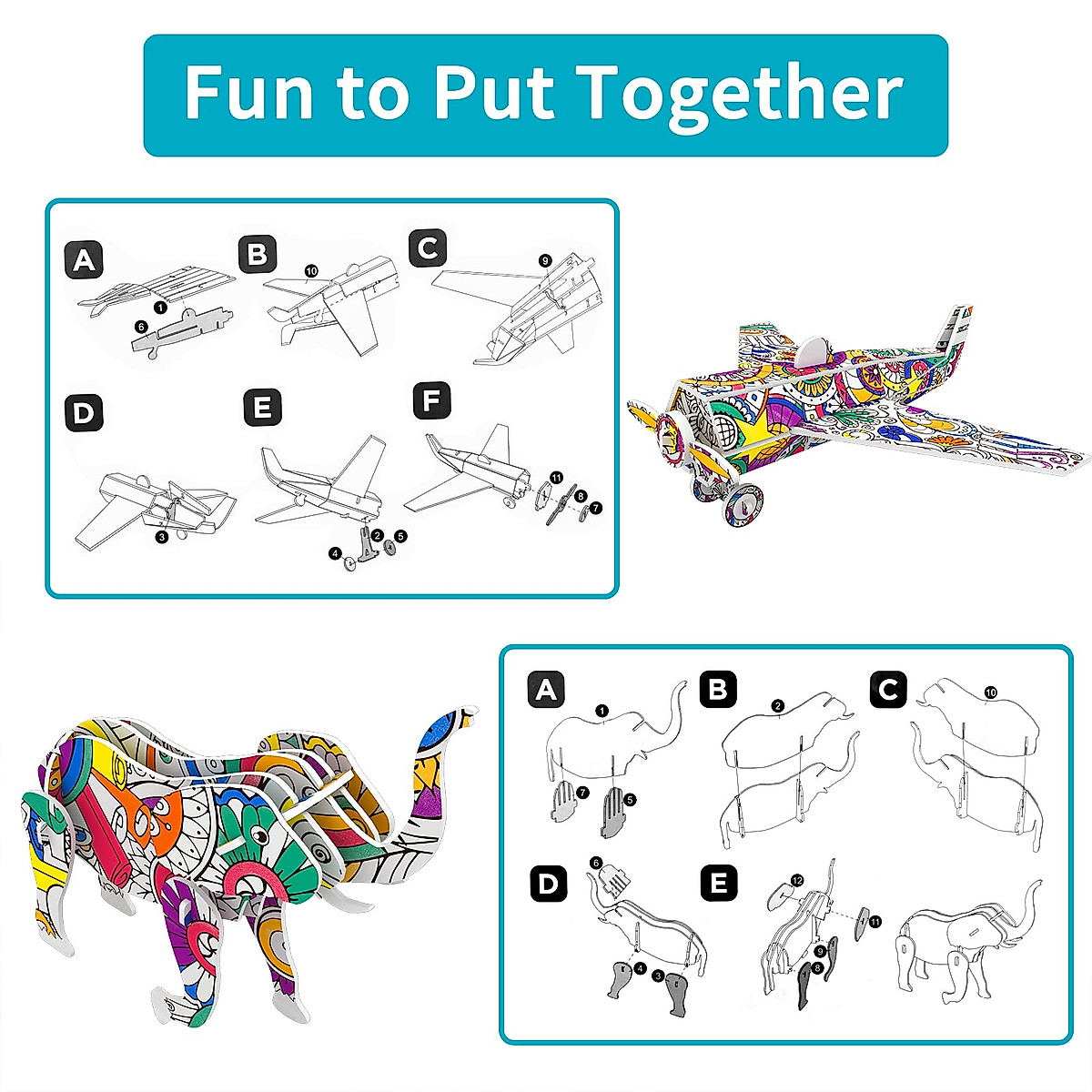3D Coloring Puzzle Set, 4 Animals Puzzles with Pen, DIY Arts and Crafts for Girls Boys Age 6 7 8 9 10 11 12 Years Old(4 Pack)