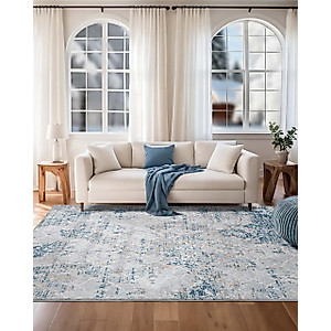 Ruggnovea 8x10 Area Rugs 8x10, Machine Washable Area Rugs for Living Room, Blue Teal Area Rug with Non Slip Dots for Bedroom, Low Pile Carpet with Modern Stripe Printing, Fade Resistant Area Mats