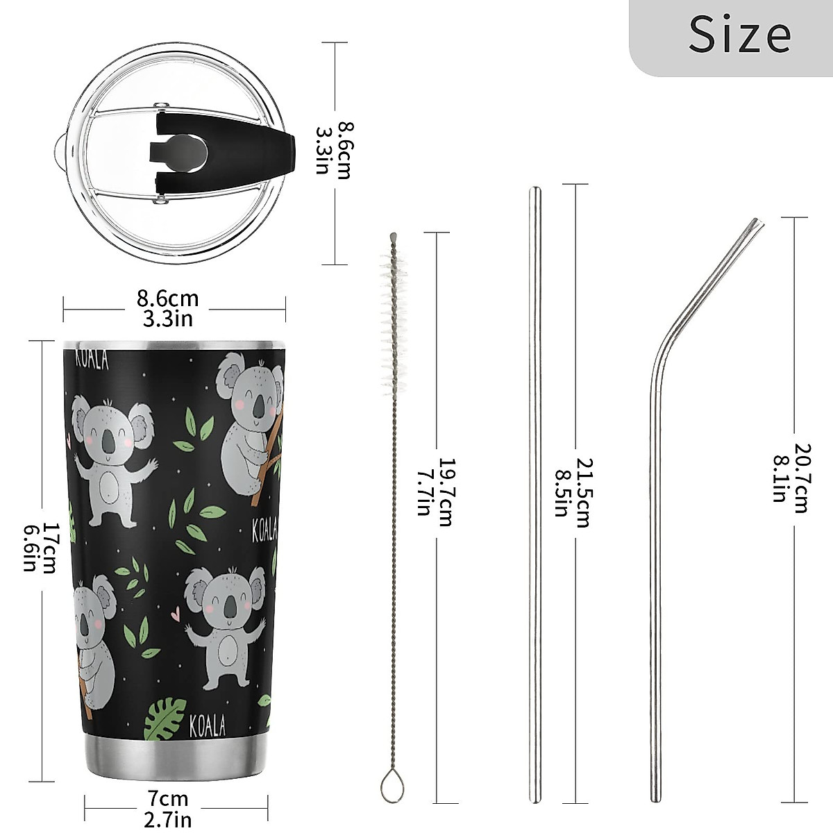 Yasala Tumbler Funny Koala Bear Summer Leaves Insulated Office Coffee Cup Back to School Beverage Container Travel Mug with Straw and Lid Double Wall Stainless Steel 20oz