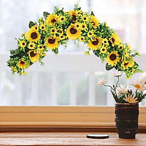 MGQ Artificial Sunflower Swag,27.6 Inch Rustic Artificial Floral Swag Decorative Swag with Sunflowers Green Leaves,Wedding Arch Flowers,Handmade Garland,Front Door Hanging Wreath for Home Garden Decor