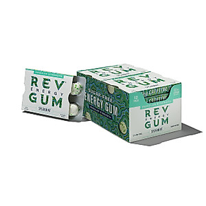 Rev Gum Caffeine Energy Gum | Performance Energy 60mg of Caffeine per Gem | Spearmint Sugar Free Caffeinated Mint Chewing Gum - Low Calorie Chews to Help You Stay Alert, Awake and Focused - 12 Packs (72 Count)
