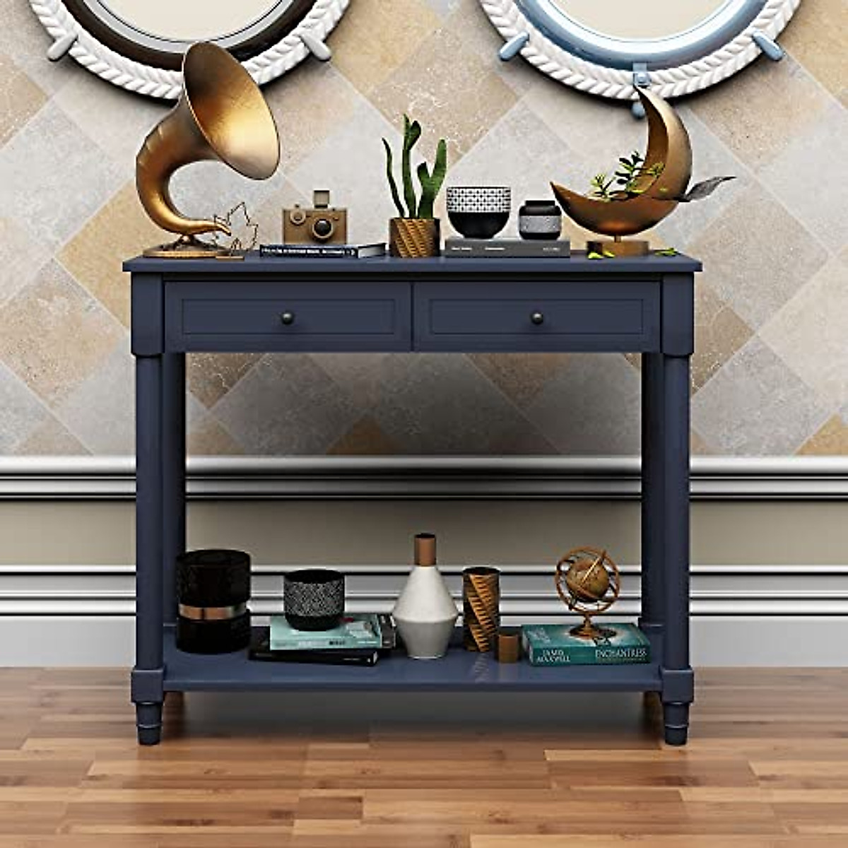 Karl home Console Table with 2 Drawers, Narrow Sofa Side Table Entryway Desk with Bottom Storage Shelf, TV Stand for Living Room Hallway Office, Navy Blue/Black 29.7" H