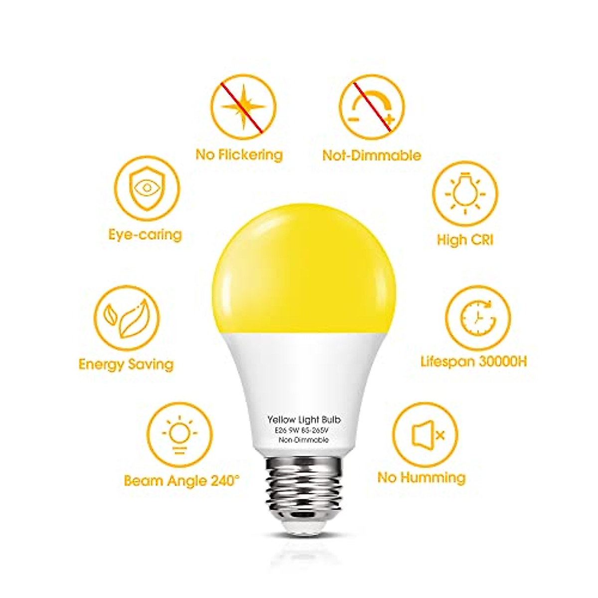 Yellow LED Bug Light Bulbs Outside, A19 LED Yellow Bug Bulb Outdoor 60W Equivalent, 9W Yellow Amber Bug Lights E26 Base Porch Lights, Non-Dimmable LED Lighting for Home, Patio, Deck, Backyard, 4 Pack