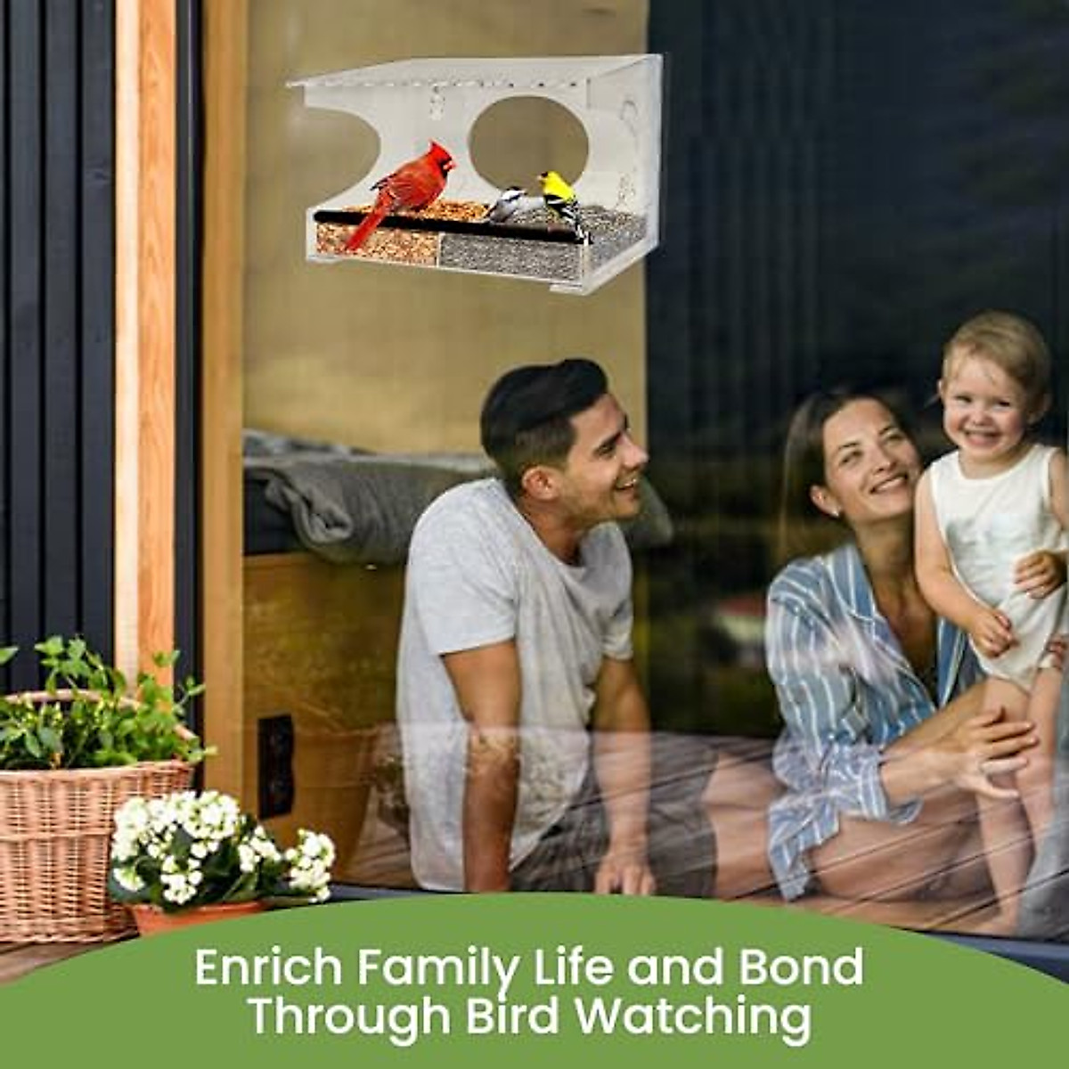 Large Clear Window Bird Feeder - Extended House with Strong Suction Cups - Steel Perch Sliding Feed Seed Tray - See Through Transparent Big Birdhouse - Wild Finch, Cardinal, Blue Jay - Cool Cat Gift