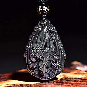 Crystal Obsidian nine tail fox gumiho necklace pendant with bead chain for wen or women (rainbow obsidian)