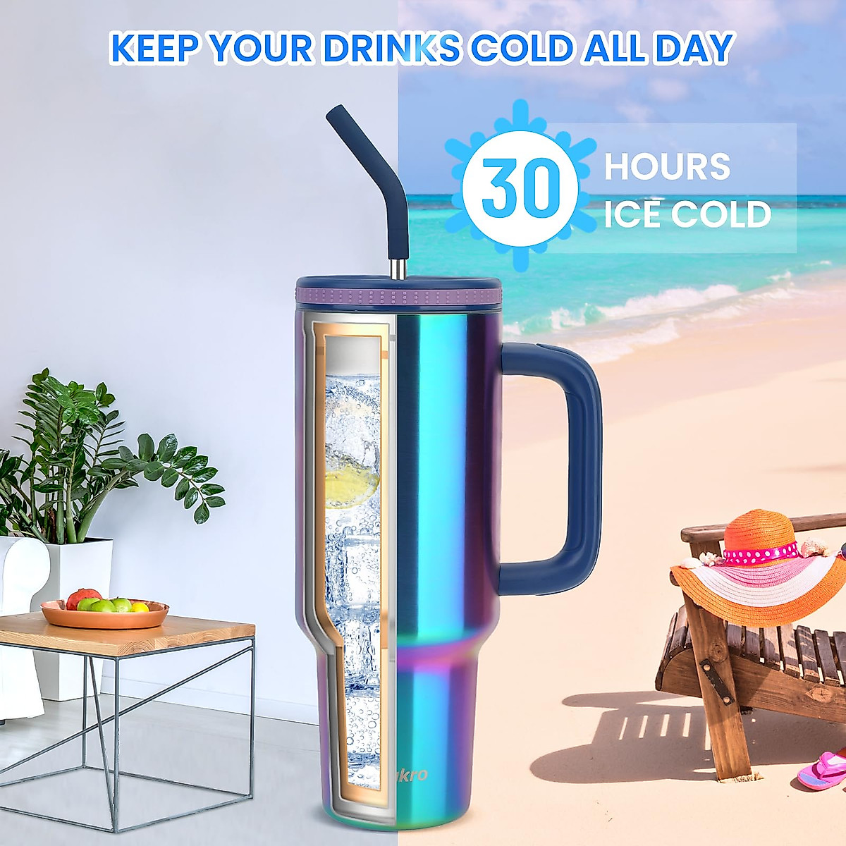 Zukro 40 oz Triple Insulated Tumbler with Handle and Straw Lid - Stainless Steel Cup Travel Mug Fits in Cupholder - No Sweat Water Bottle Keeps Drinks Cold 30 Hours - Dishwasher Safe -Bluewave