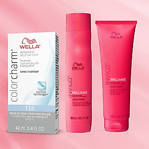 WELLA Color Charm Invigo Brilliance Color Protection Shampoo & Conditioner, For Fine Hair + Hair Toner, Neutralize Brass, T18 Lightest Ash Blonde