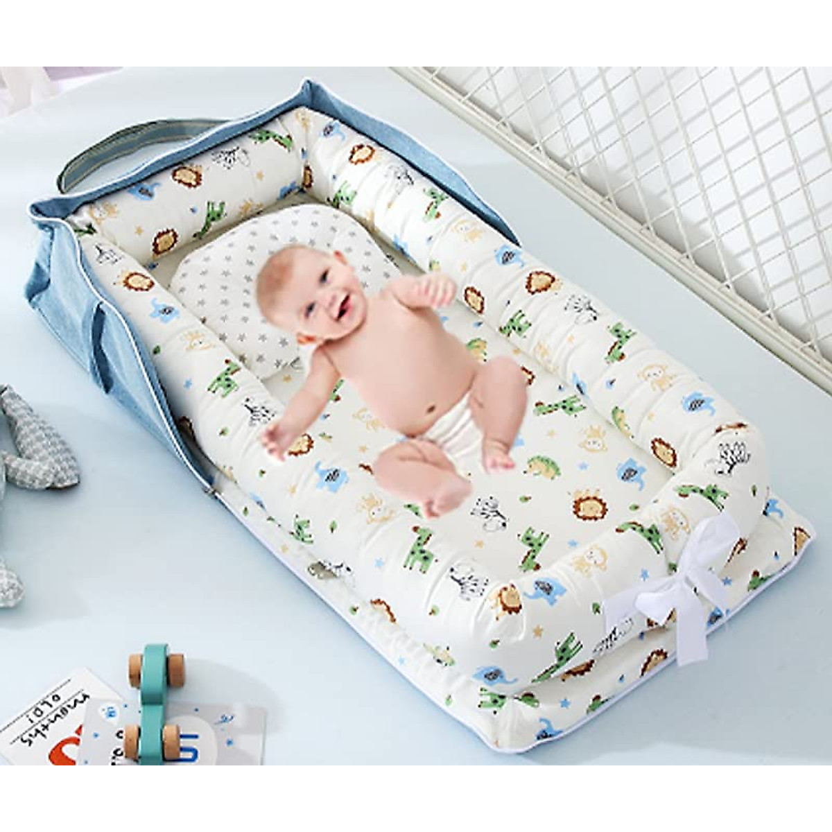 Youlvy Baby Lounger Nest, 100% Cotton Breathable co Sleeper for Baby in Bed, Portable Bag Baby Lounger for Newborn with Extended Space & Adjustable Size to 3 Years Old-Animal World Blue 4