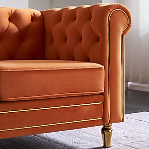 Homtique 84" Modern Sofa Couch for Living Room, 3 Seater Couch Comfy Velvet Sofa Button Tufted Rolled Arms and Gold Legs, Chesterfield Sofa for Home Studio/Office, Bedroom, Orange