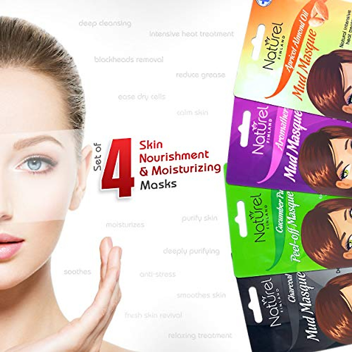 Naturel Finland Facial Mud Mask Set of 4 - Exfoliating, Deep Cleansing, Clarifying, Pore Minimizer, Hydrating, Aromatherapy, Cucumber, Dead Sea, Charcoal Face Peel