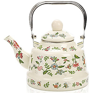 Jucoan 1.8 Quart Enamel Tea Kettle, Vintage Green Floral Enamel on Steel Teapot Water Kettle with Filter and Cool Grip Stainless Steel Handle for Stovetop Induction Gas, No Whistling Teakettle