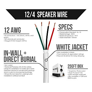 Voltive 12/4 Speaker Wire - 12 AWG/Gauge 4 Conductor - UL Listed in Wall (CL2/CL3) and Outdoor/In Ground (Direct Burial) Rated - Oxygen-Free Copper (OFC) - 250 Foot Bulk Cable Pull Box - White