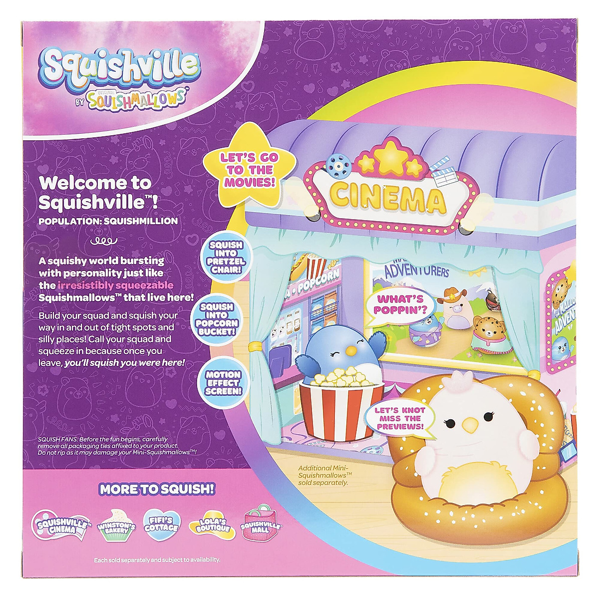 Squishville Mini-Squishmallows Cinema Playset - Includes One 2-Inch Plush, Pretzel Chair, Popcorn Bucket - Irresistibly Soft, Colorful Plush