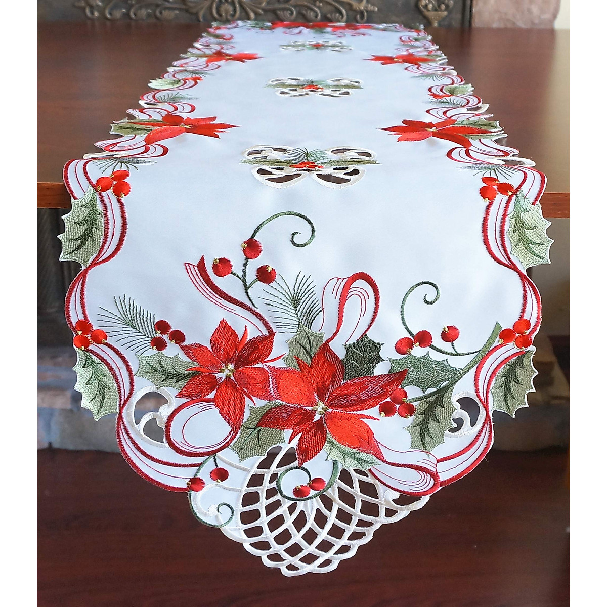 Holiday Christmas Table Runner 13"x54", Cutwork Embroidered Floral Christmas Flower Dresser Sacrf Table Topper for Home Dining Xmas Table Top Decoration