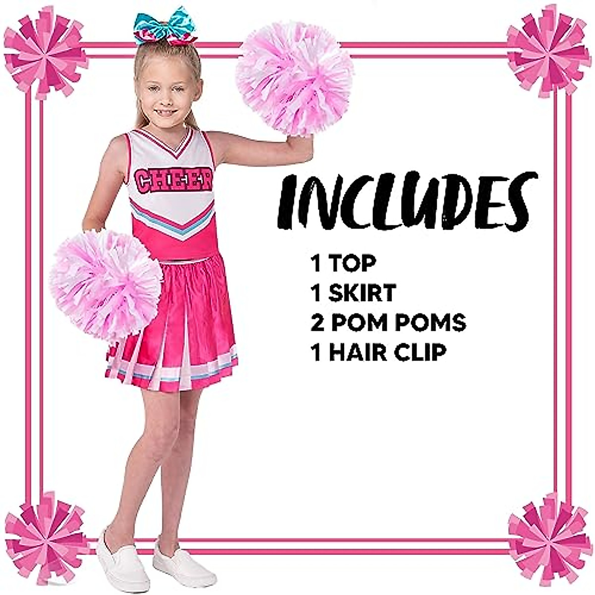 Spooktacular Creations Girl Pink Cheerleader Costume, Halloween Cute Cheer Uniform Outfit with Accessories for Halloween High School Cheerleader Dress Up Costume-L