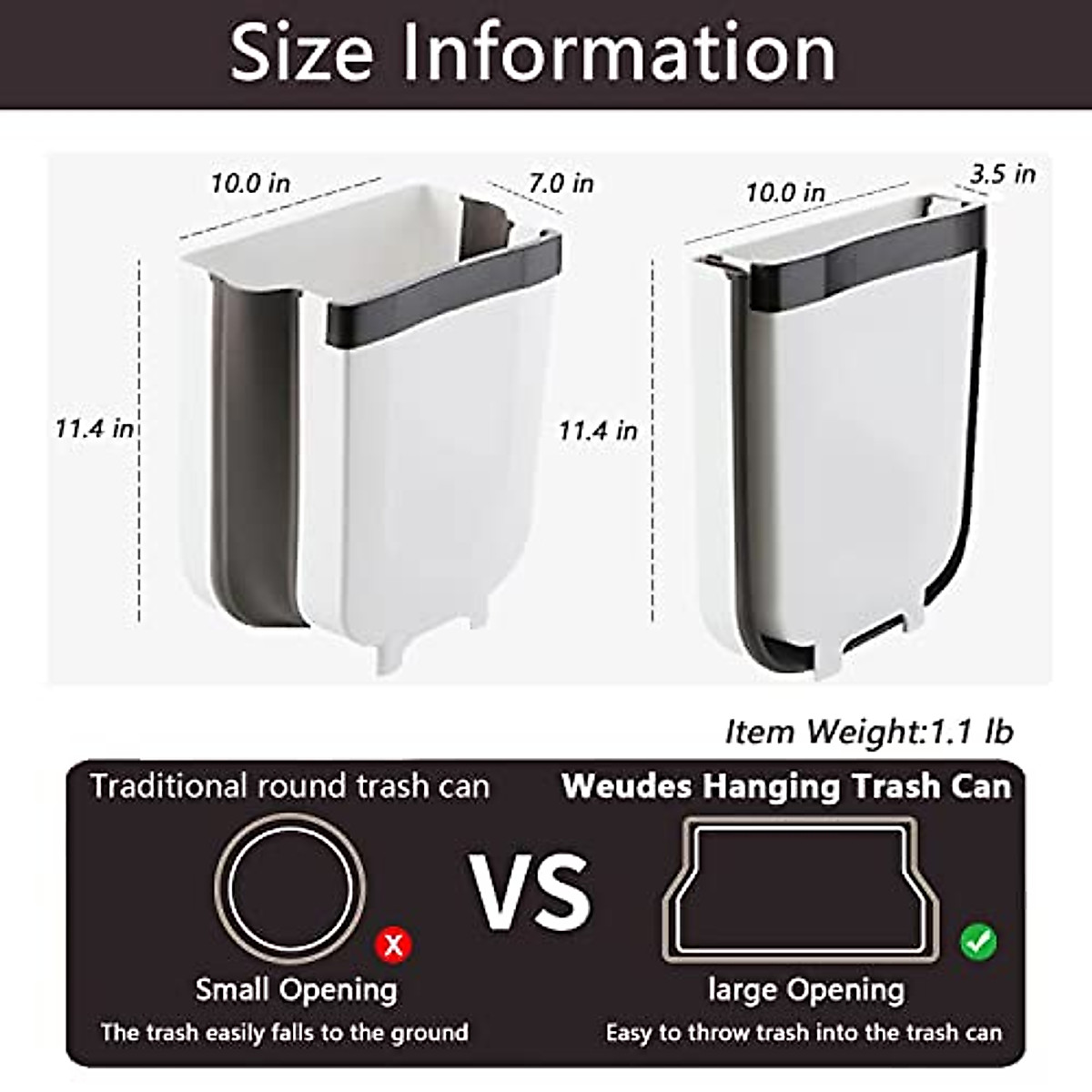 Weudes Hanging Kitchen Trash Can,Collapsible Small Garbage Can for Kitchen,Foldable Compost Bin with Trash Bag Holder for Cabinet Door/Car/Office/Bedroom/Bathroom/RV Traveling.