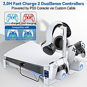PS5 Horizontal Stand with 3-Level Cooling Fans for Playstation 5 Console, PS5 Accessories Controller Charging Station Fit for PS5 Edge Controller, PS5 Cooling Station with Headset Holder