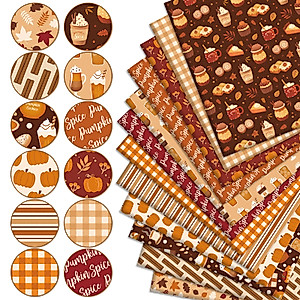 JarThenaAMCS 12Pcs Fall Cotton Fabric Bundles 18 x 22 Inch Maple Leaf Pumpkin Drinks Plaid Fat Quarters Autumn Thanksgiving Sewing Fabrics for DIY Craft Party Decor