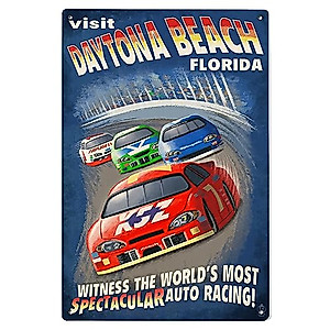 Lantern Press 6x9 Inch Wood Sign, Ready to Hang Wall Decor, Daytona Beach, Florida, Racecar Scene