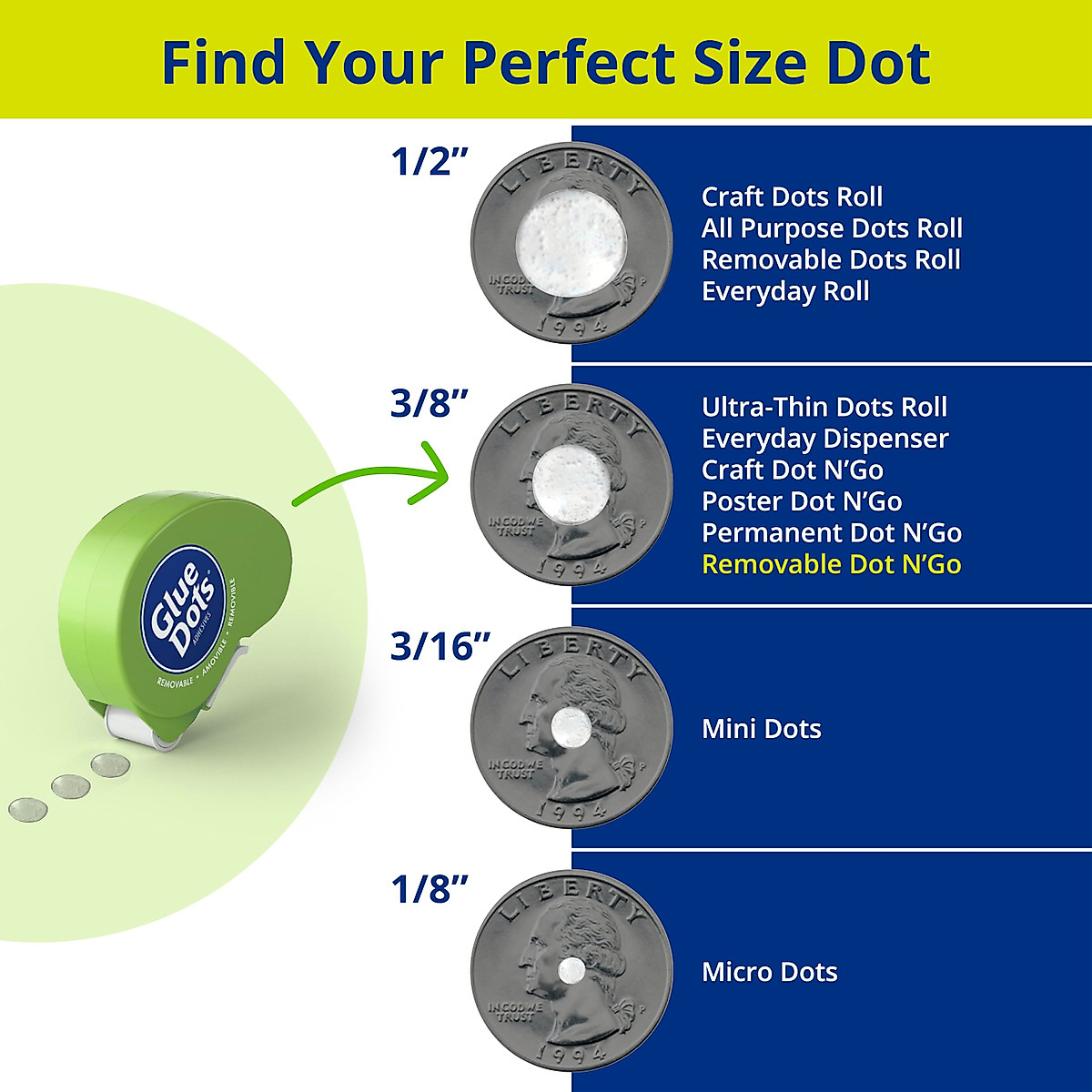 Glue Dots Removable Dot N' Go Dispenser with 200 (.375 Inch) Removable Adhesive Dots (03669E)