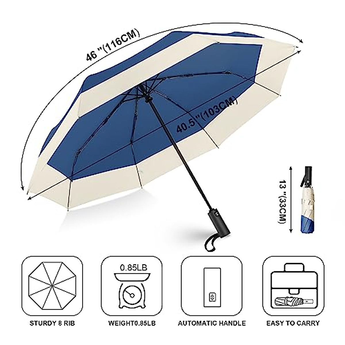 LEAGERA Small Travel Umbrella - Compact Canopy Diameter 40.5inch, Automatic Collapsible Rain Umbrellas for Women, 190T Waterproof Pongee Fabric for Breeze Wind&Rain, Dark Blue