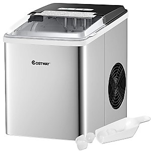 COSTWAY Countertop Ice Maker, Self-Cleaning Function, Ice Cubes Ready in 7 Minutes, 26LBS/24H Portable Stainless Steel Tabletop Ice Machine with Ice Scoop and Basket, Perfect for Home, Bar, Silver