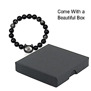 OwMell Natural Black Obsidian Bracelet, Cat Beaded Bracelets for Women Men, Stretch Bracelet 8mm - Silver