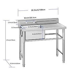 Gaomon Stainless Steel Sink, Commercial Kitchen Prep & Utility Sink Free Standing Single Bowl with Drainboard for Restaurant Laundry Garage Bar Workshop (1 Sink/W Drainboard, 39"L x 23.6"W x 37"H)