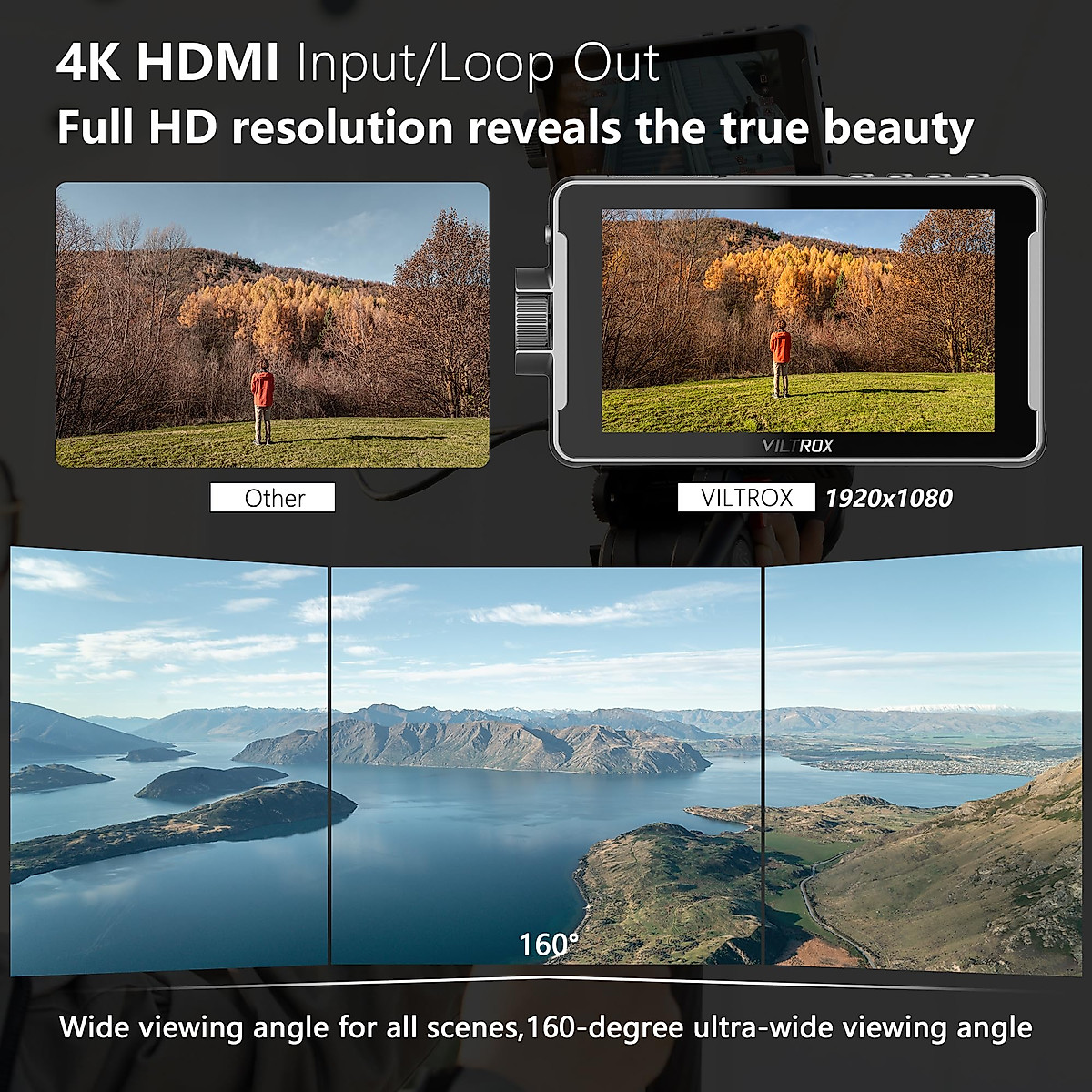 VILTROX DC-550 Touch Screen DSLR Camera Field Monitor 1200 Nits High-Bright 5.5 inch DSLR Camera Monitor with Sunshade Hood/Battery 3D LUT HDR 4K HDMI in and Out Exposure Focus Assist Waveform Monitor