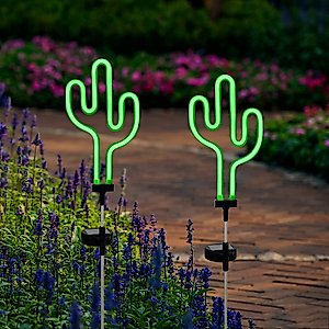 SVEIKS Solar Cactus Garden Stake Lights, Green Cacti Lighting Solar Pathway Lights Outdoor Waterproof LED Neon Strip for Courtyard Patio Lawn Flowerbed Landscape, 30" Tall (2 Pack)