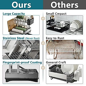 Stainless Steel Dish Drying Rack 2 Tier, Large Dish Racks for Kitchen Counter,Dish Drainer and Dish Rack with Drain of Rotatable Spout，Collapsible Dish Drying Rack for Kitchen Counter of family,Black