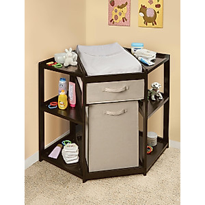 Badger Basket Corner Diaper Changing Table with Laundry Hamper, Storage Bin, and Contoured Pad for Baby - Espresso