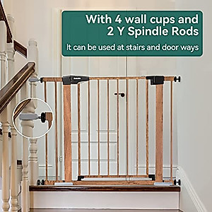 BABELIO Metal Baby Gate with Wood Pattern, 29-40" Easy Install Pressure Mounted Dog Gate, Ideal for Stairs and Doorways, with Wall Protectors and Extenders, No Tools Required