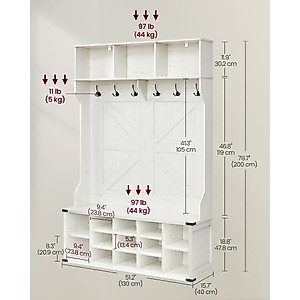 VASAGLE Hall Tree with Bench and Shoe Storage, Coat Rack with Shoe Bench, Entryway Furniture, 16 Open Compartments, 6 Tri-Hooks, Farmhouse Style, Space Saving, Rustic White UHSR427W02