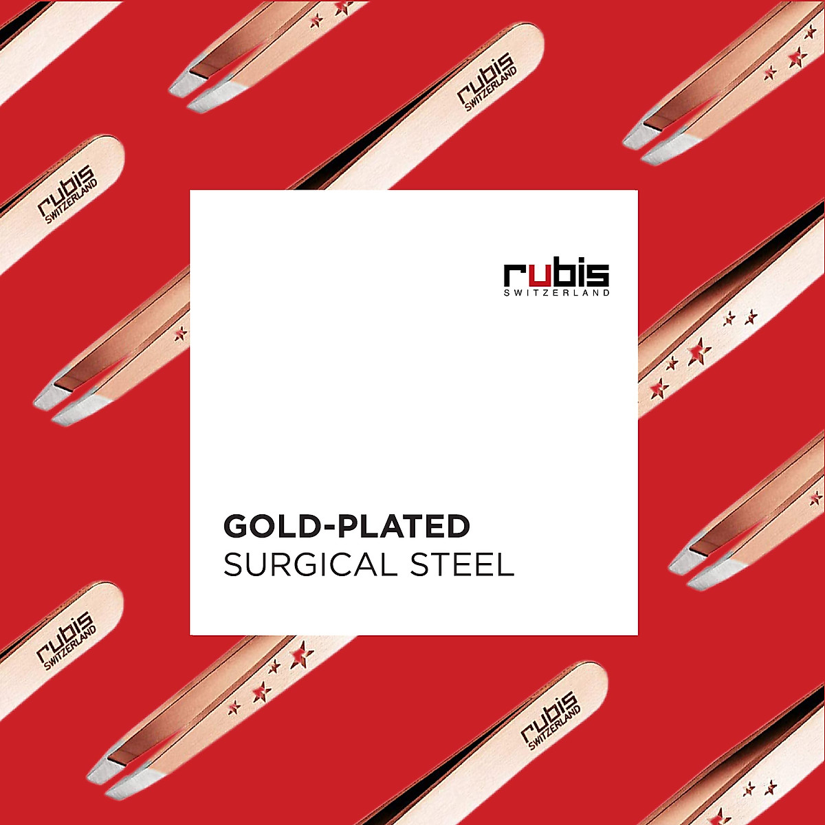 Rubis Classic 6-Star Stainless Steel Slanted Tweezers for Precise Eyebrows and Hair Removal, 1K103CTRED, Red Gold, The Gold Collection,Rubis Switzerland Swiss Made World Renowned Precision