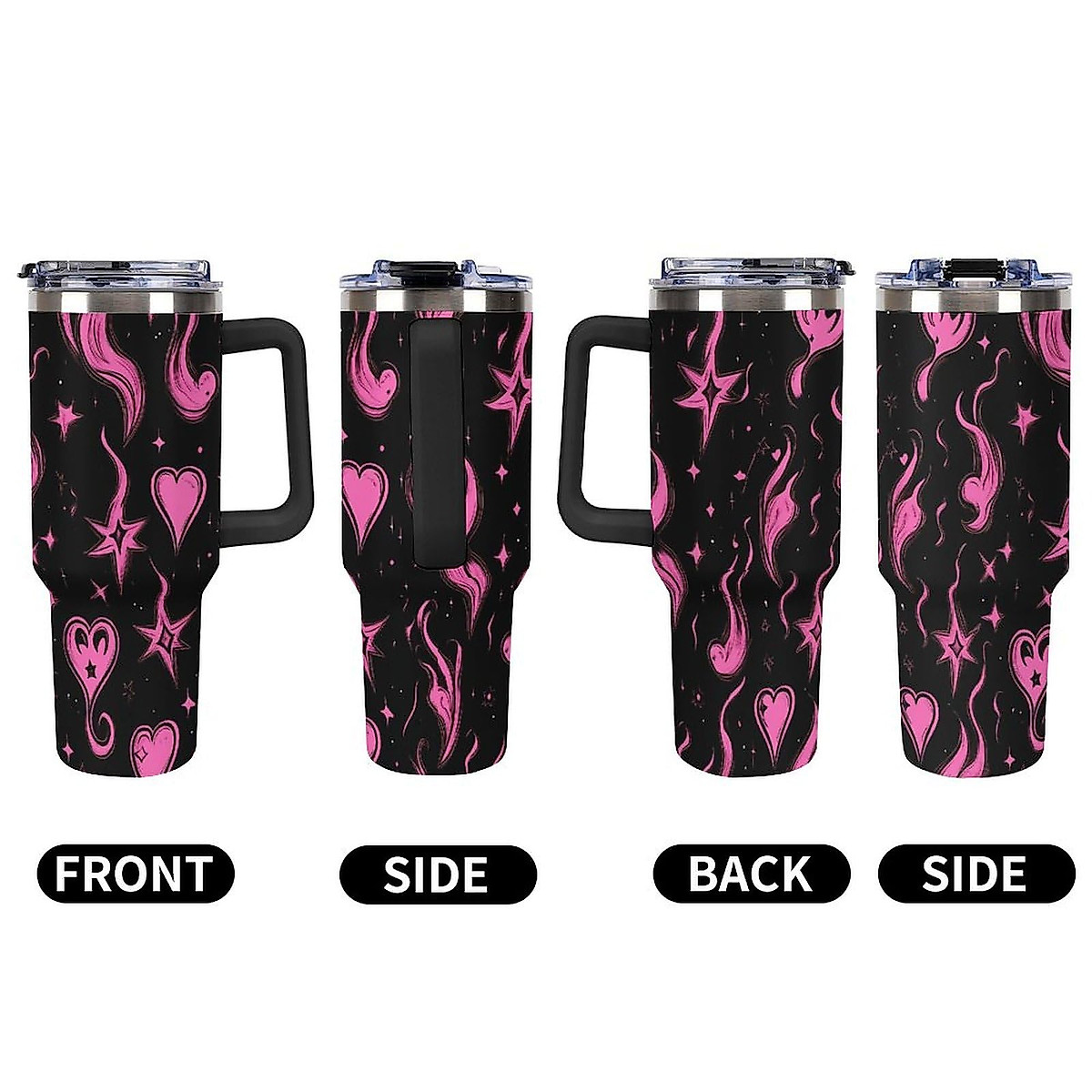 Y2K Flames Hearts Stars 40oz Water Bottle Double Wall Insulated Tumbler with Handle Leakproof Travel Mug Black-style