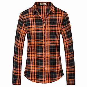 SSLR-Flannel-Shirts-for-Women-Long Sleeve Button Down Shirts Plaid Lightweight Casual (Large, Orange Black)