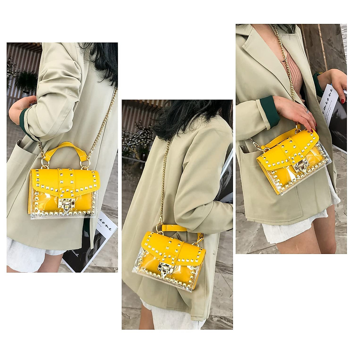 Qiayime Womens Fashion Purses and Handbags Shoulder Bag Ladies Rivet PVC Jelly Purse Designer Satchel Messenger Tote Bag (yellow)