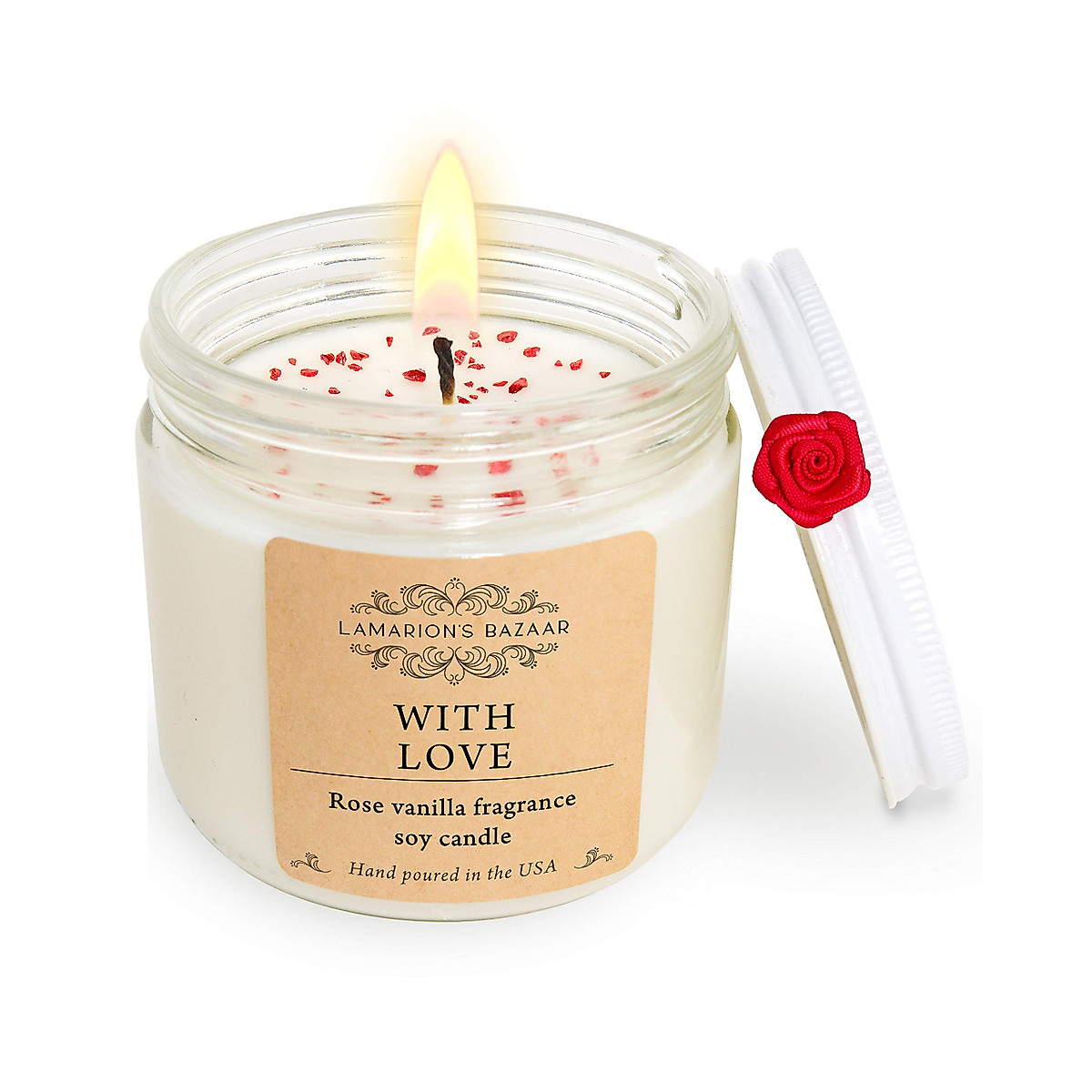 With Love - Rose and Vanilla Fragrance Soy Candle - Unique Large Soy Candle with a Red Rose Decor and red Crystals inside- Boxed