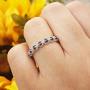 Dazzlingrock Collection Round Blue Sapphire 9 Stone Minimalist Stackable Wedding Ring for Women in 925 Sterling Silver, Size 8