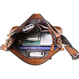 Women Crossbody Shoulder Bags Vegan Leather Hobo Bag Purse Bucket Bag with Leopard Guitar Strap