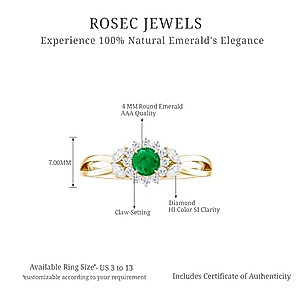 Rosec Jewels Natural Emerald Diamond Flower Ring for Women, AAA Quality, Certified Emerald Flower Engagement Ring, 14K Yellow Gold, Size:US 7.50