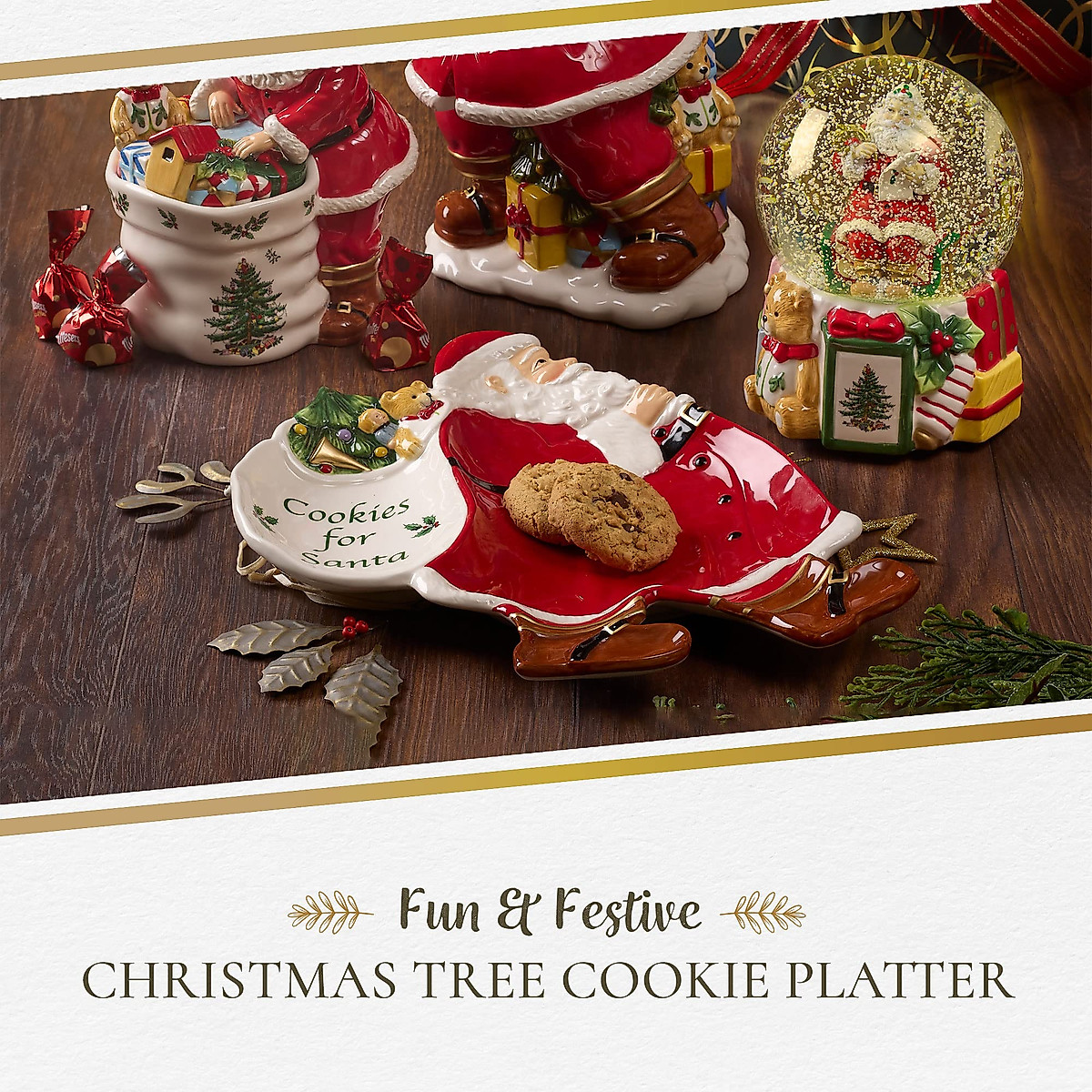 Spode Christmas Tree Collection Figural Cookies for Santa Platter | 12 Inch Serving Plate for Cookies, Desserts and Christmas Treats | Made of Dolomite | Perfect Holiday Gift and Christmas Home Décor